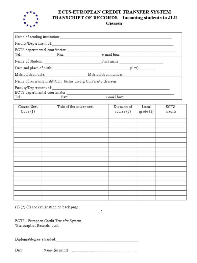 Ects-European Credit Transfer System TRANSCRIPT OF RECORDS - Incoming ...