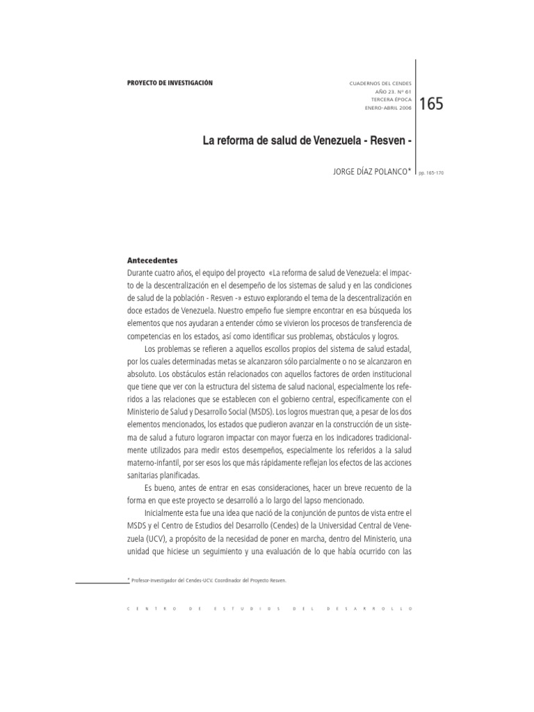Reforma de Salud en Venezuela: Resven | PDF | Estado (política) | Venezuela