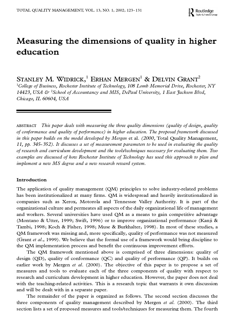 Measuring The Dimensions Of Quality In Higher Education Pdf Focus