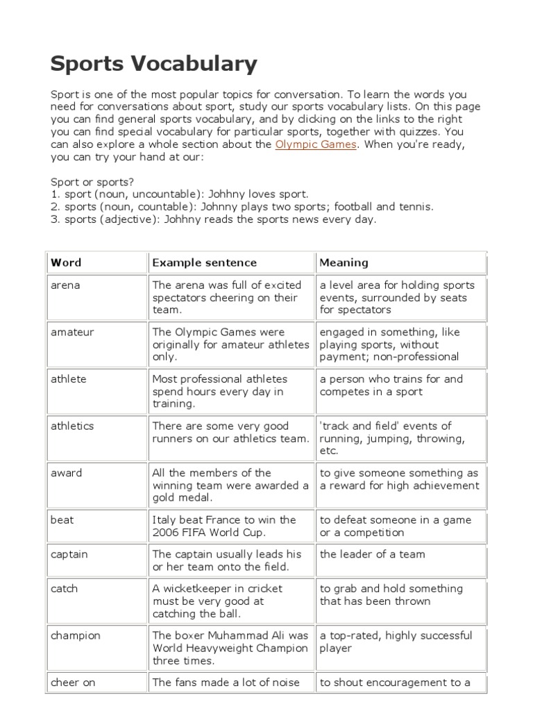 Sports Vocab Guide | PDF | Sports | Referee