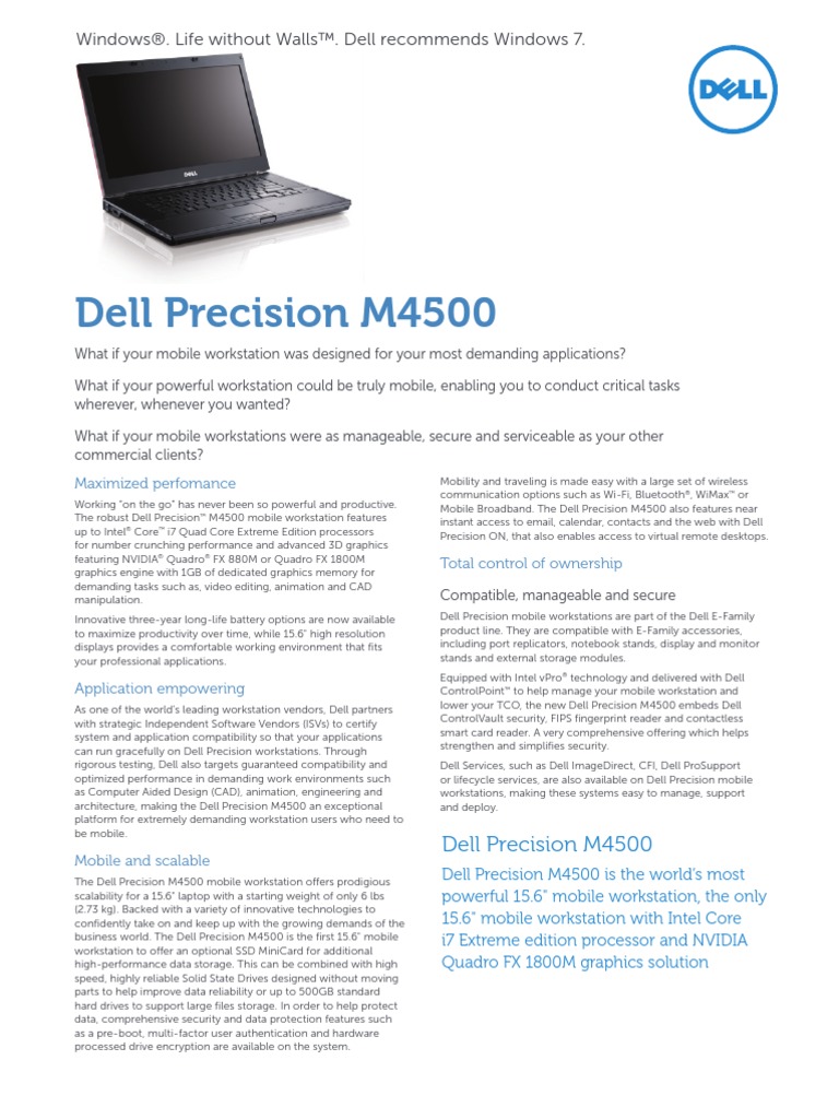 Dell Precision m4500 Laptop Spec Sheet | PDF | Workstation | Laptop
