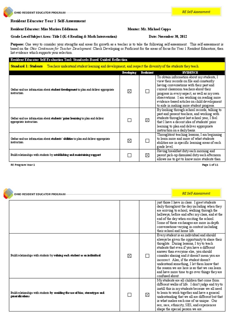 Year 1 Self-Assessment | PDF | Educational Assessment | Teachers