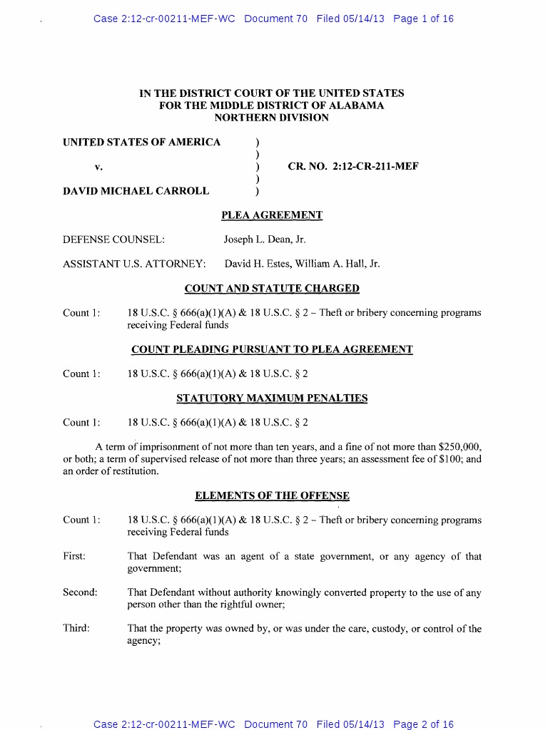 Plea Agreement for David Michael Carroll | PDF | Plea | United States ...