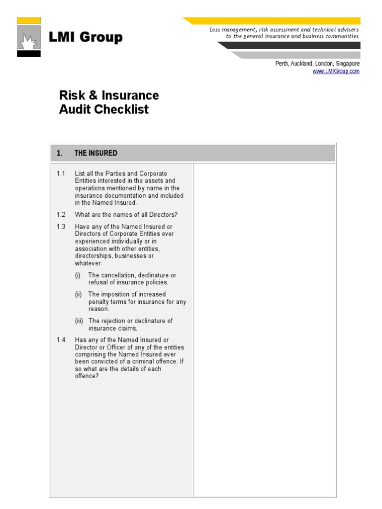 Risk Insurance Audit Checklist | PDF | Insurance | Lease