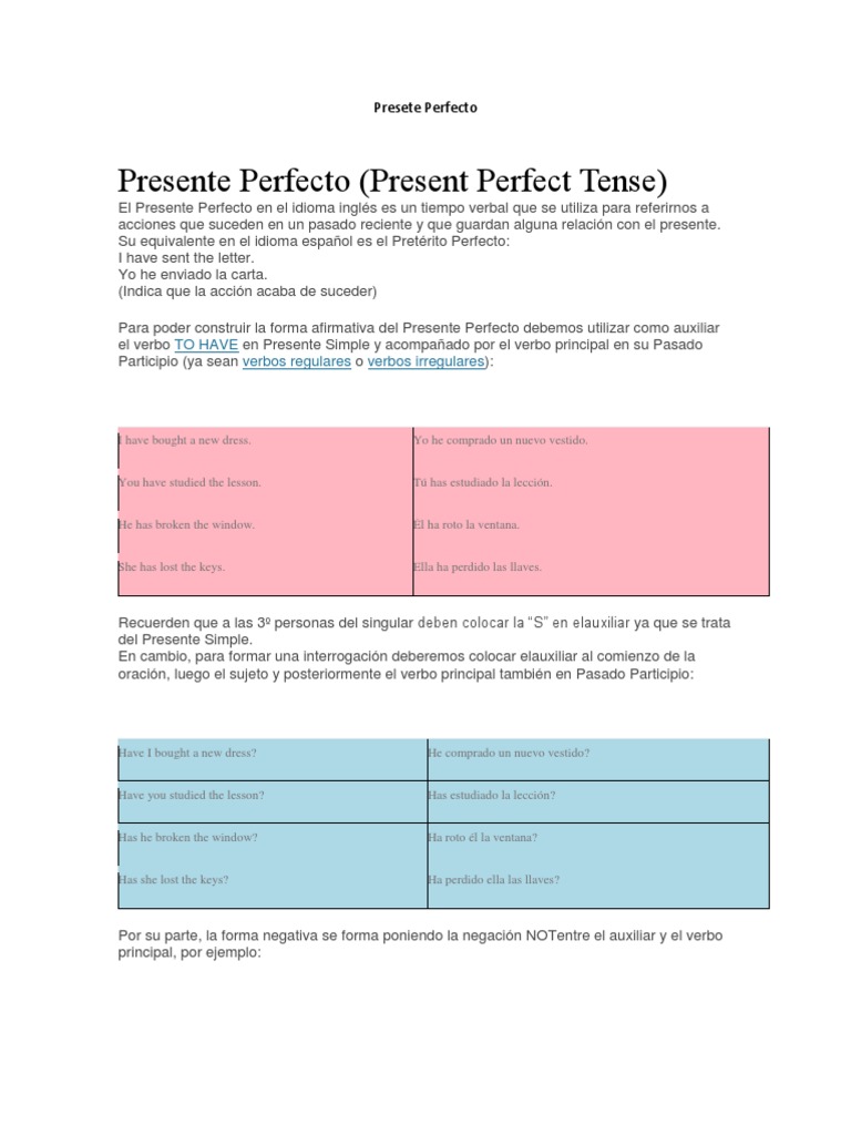 Presete Perfecto Tarea Ingles | PDF | Verbo | Semántica