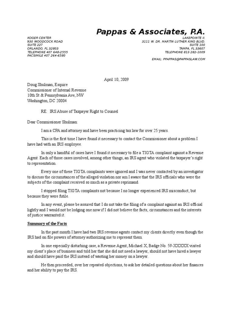 Letter To IRS Commissioner RE: IRS Abuse of Taxpayer Right To Counsel ...