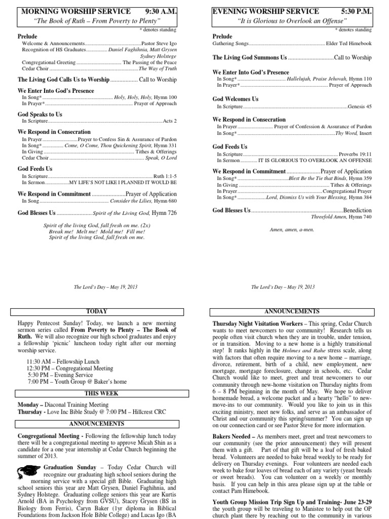 Worship Service Highlights - May 19, 2013 | PDF | Hymns | Deacon