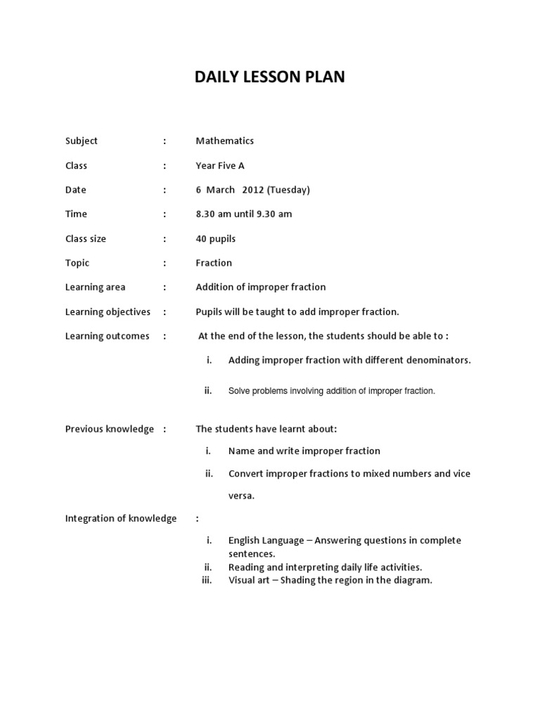 Contoh RPH Matematik Tahun 5 | PDF