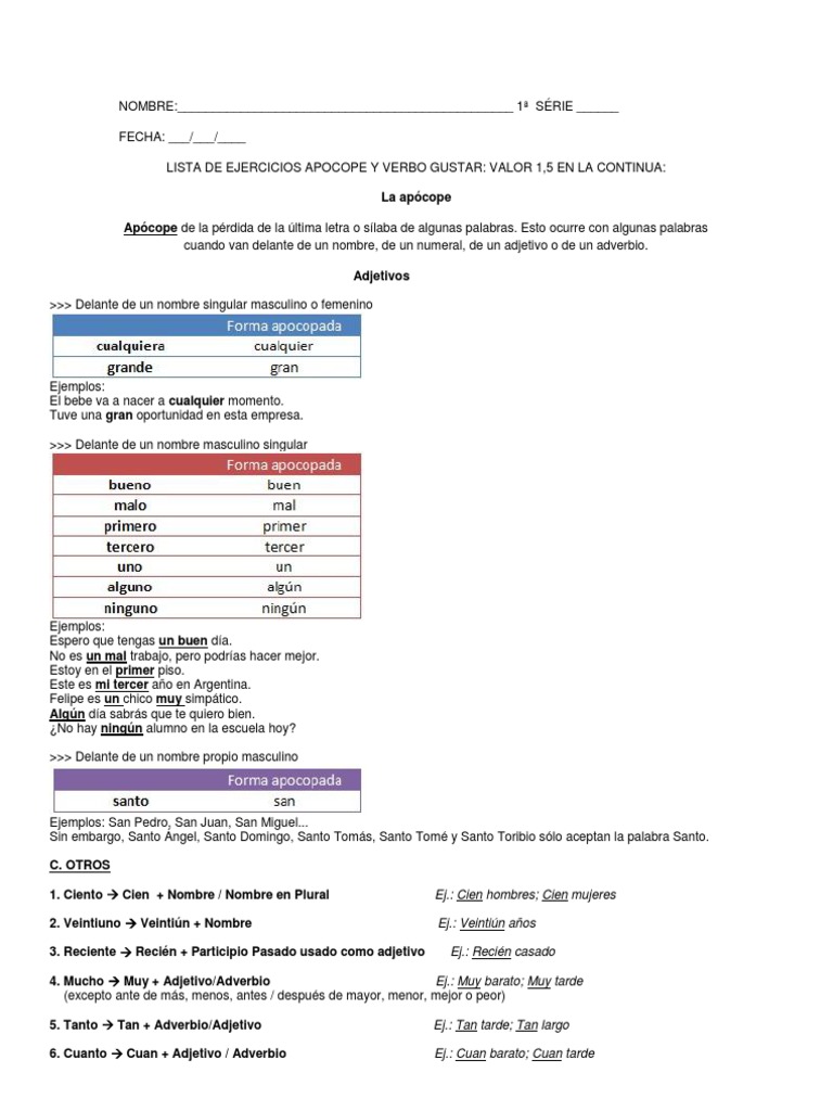 Lista de Ejercicios Apocope y Verbo Gustar | PDF | Adjetivo | Adverbio