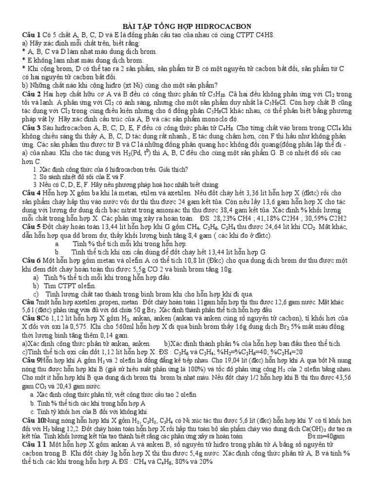 BÀI TẬP TỔNG HỢP HIDROCACBON | PDF