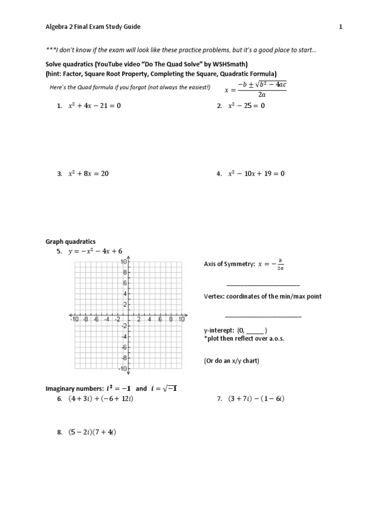 Algebra 2 Final Exam Study Guide Pdf Quadratic Equation