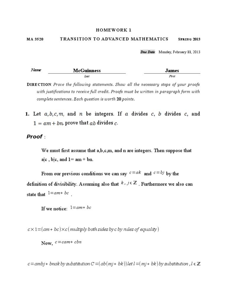 Mcguinness James: Homework 1 Transition To Advanced Mathematics | PDF