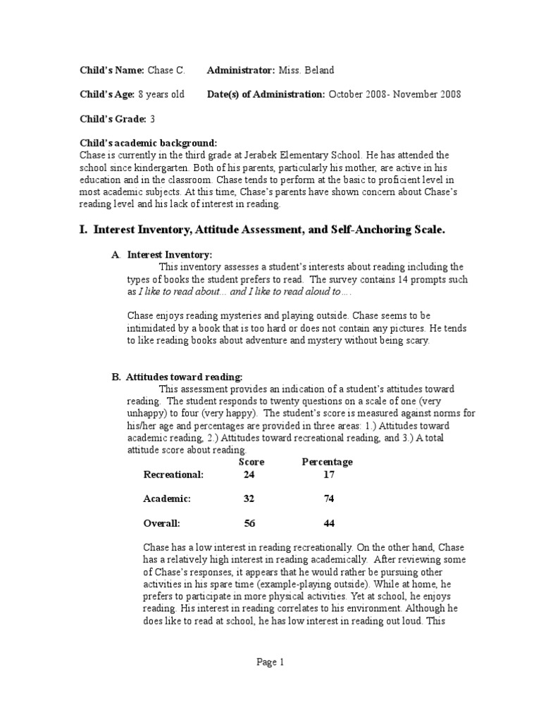 Chase's Reading Case Study Analysis | PDF | Reading Comprehension ...