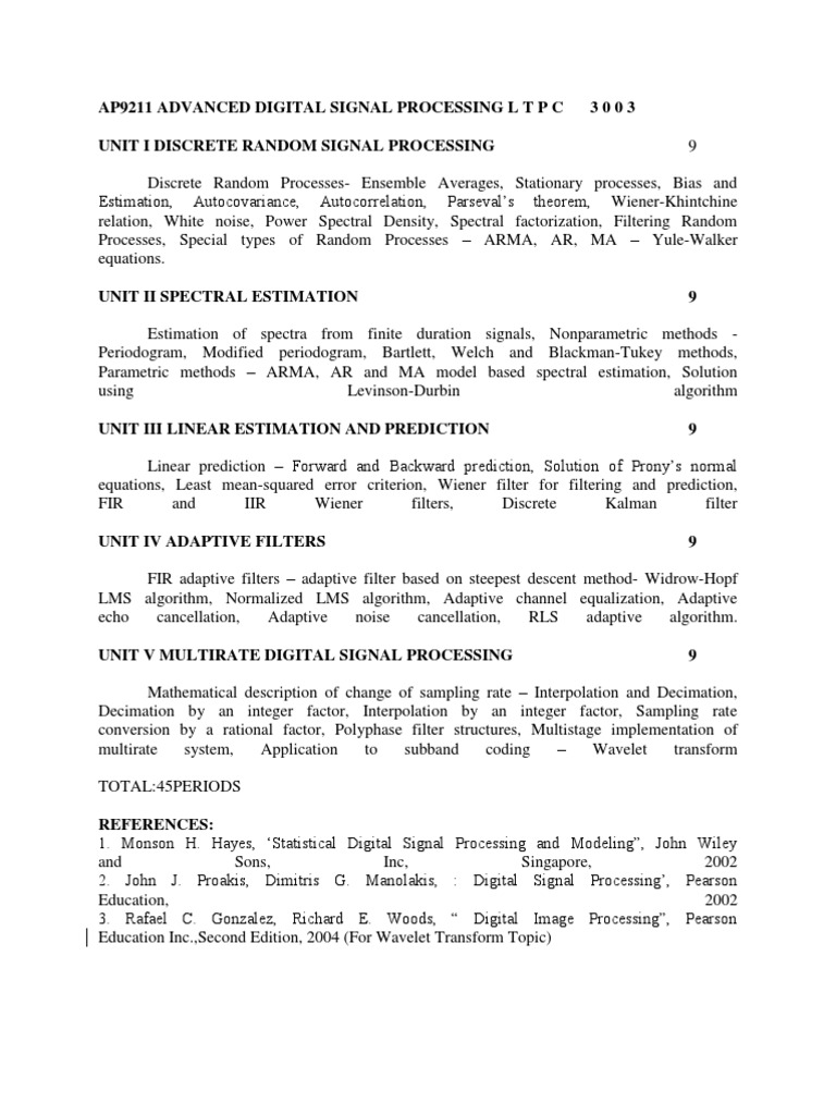 Ap9211 Advanced Digital Signal Processing L T P c3 0 0 3 | PDF ...