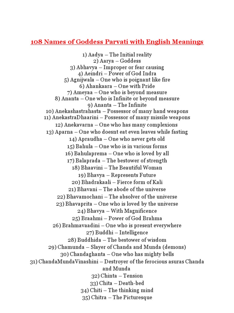 108 Names of Goddess Parvati Explained | PDF