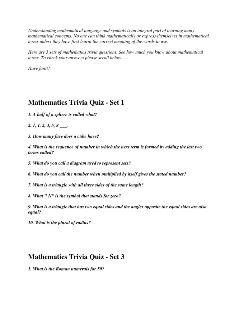 Maths Trivia Quiz | PDF | Triangle | Numbers