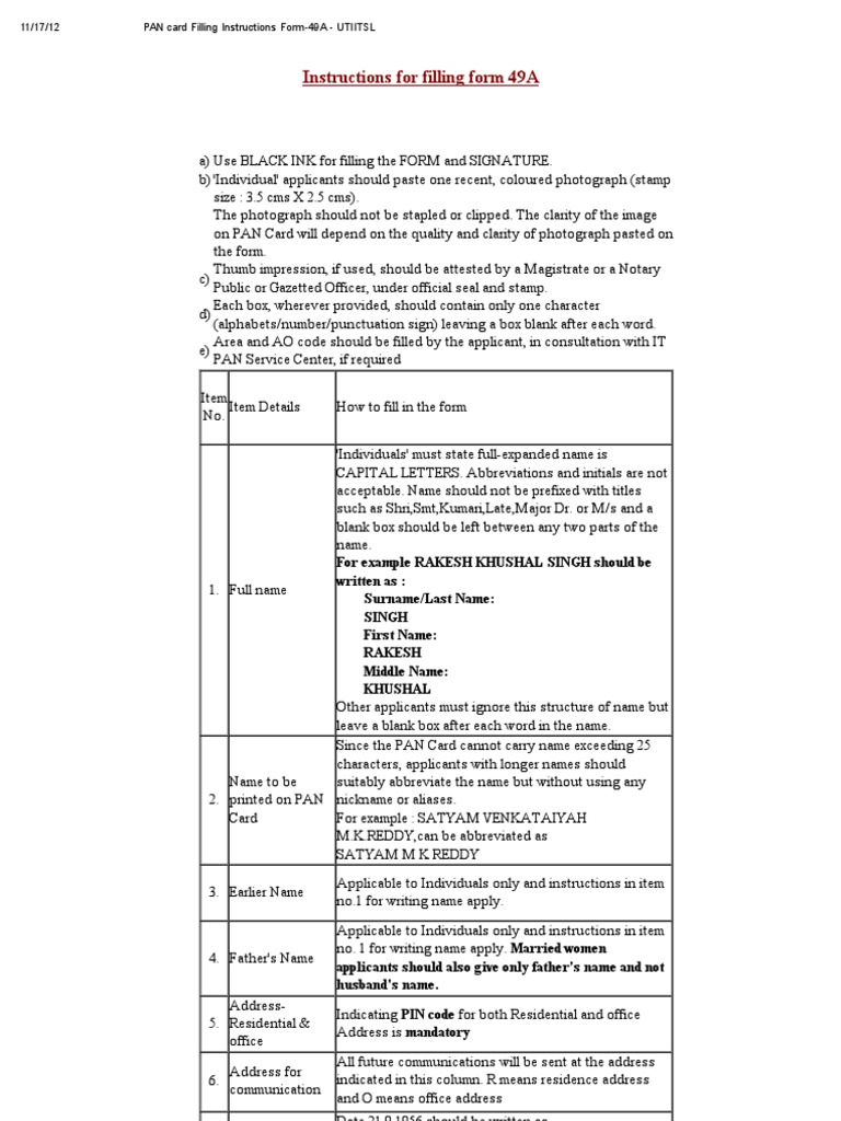PAN Card Filling Instructions Form-49A - UTIITSL | PDF | Identity ...