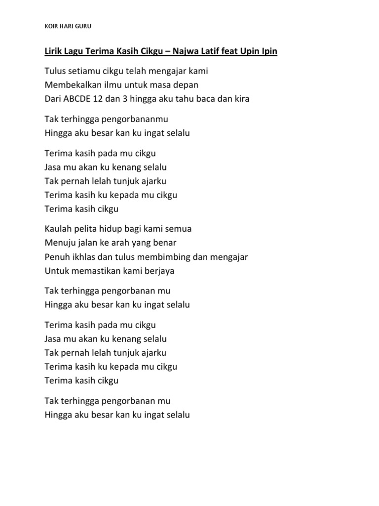 Lirik Lagu Terima Kasih Cikgu | PDF