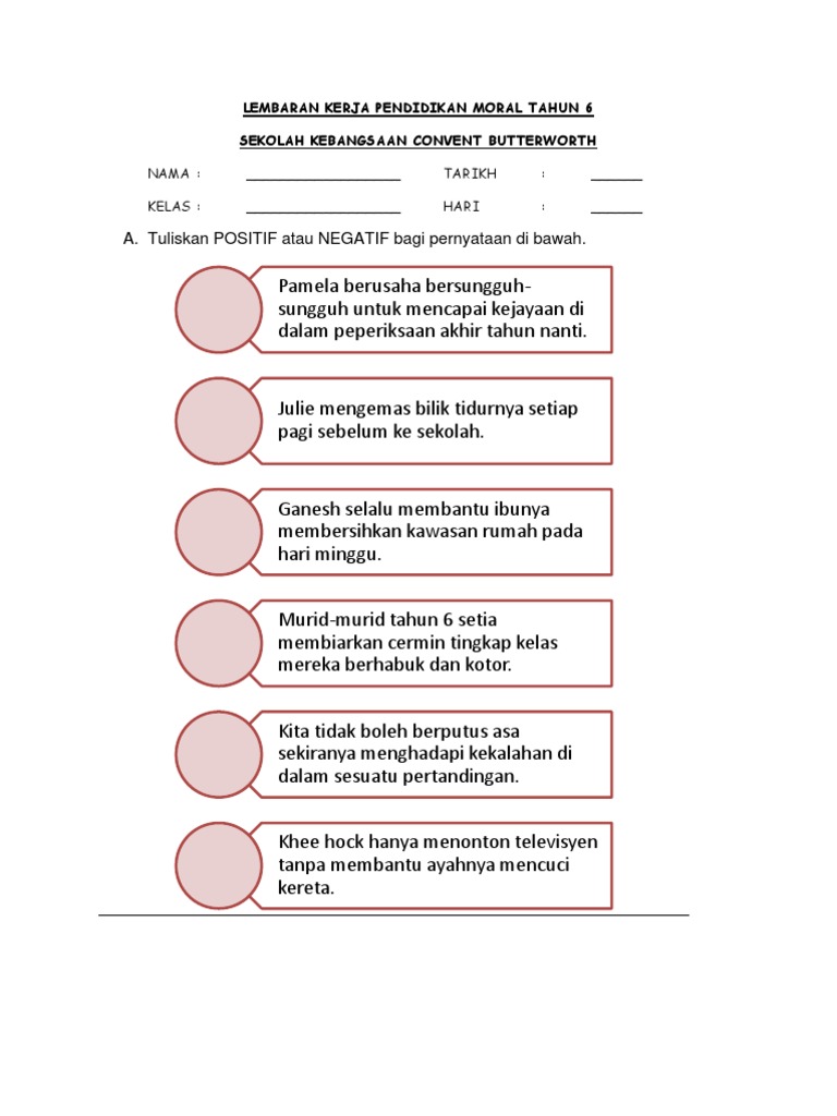 Lembaran Kerja Pendidikan Moral Tahun 6 | PDF