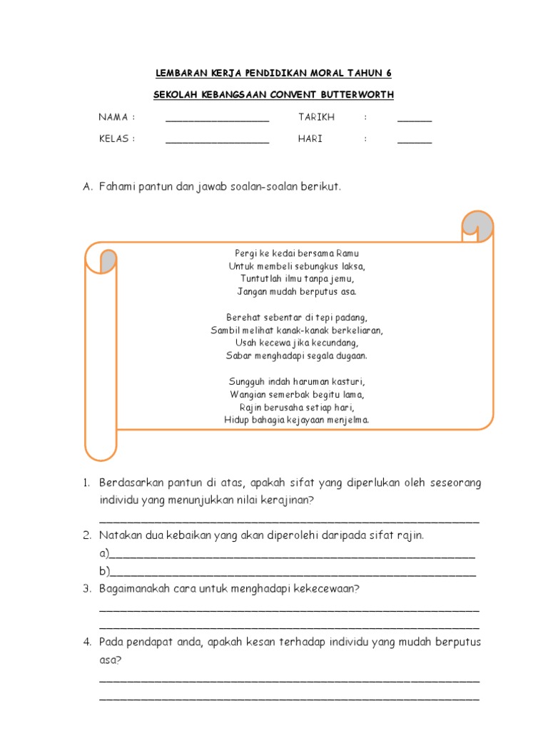 Lembaran Kerja Pendidikan Moral Tahun 6 Mg2 | PDF | Karier & Perkembangan