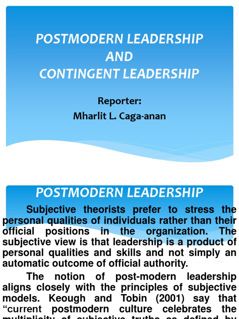 Postmodern & Contingent Leadership-Report | PDF | Organizational ...