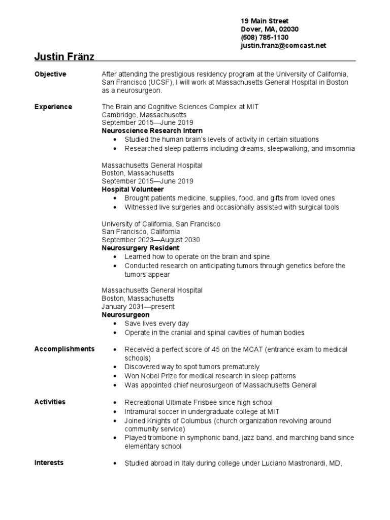 Pretend Future Resume and Reflection | PDF | Neurosurgery | Doctor Of ...