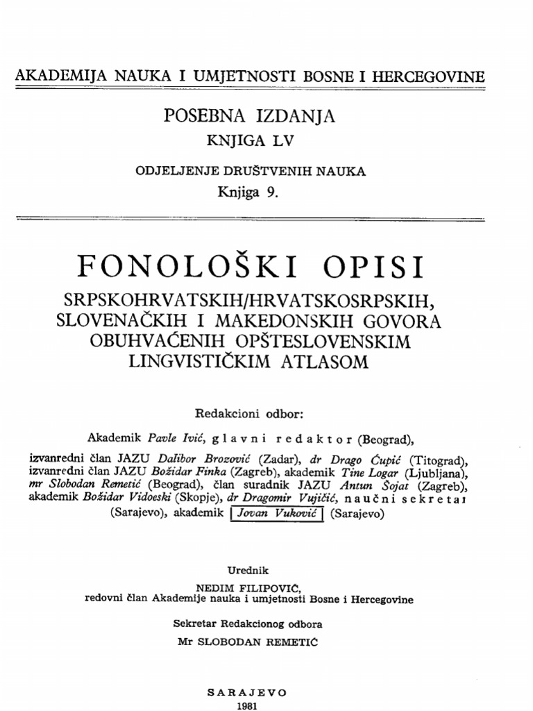 Fonološki Opisi Srpskohrvatskih / Hrvatskosrpskih, Slovenačkih I ...