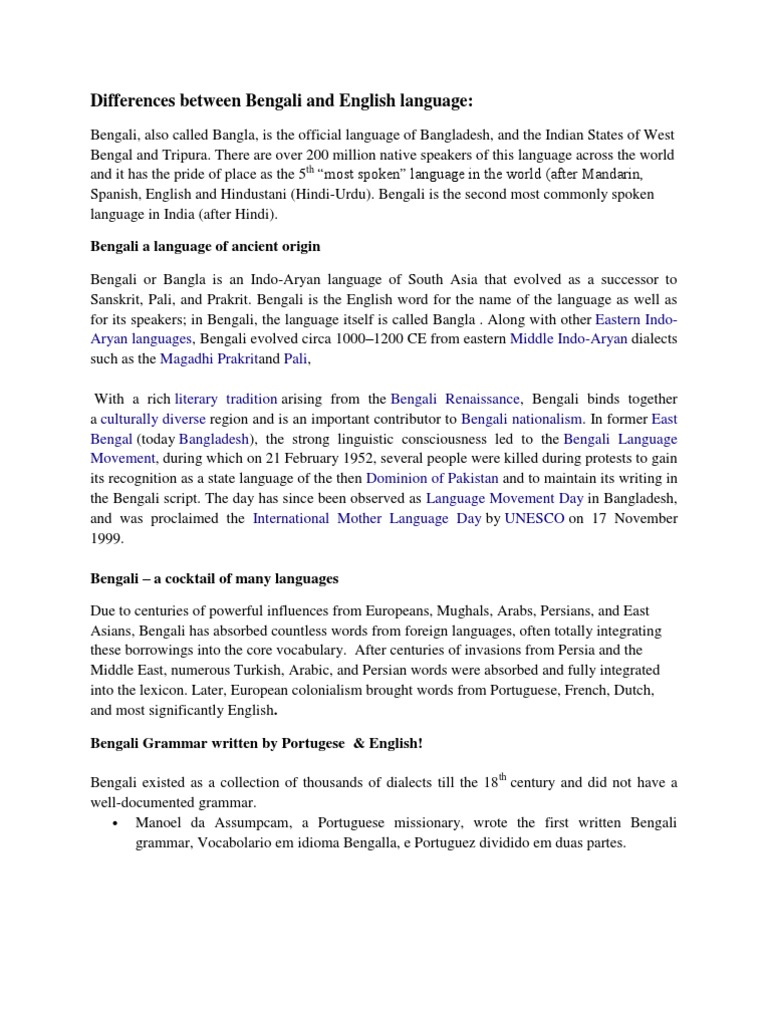 Bengali Vs English Language Pdf Semiotics Linguistic Typology