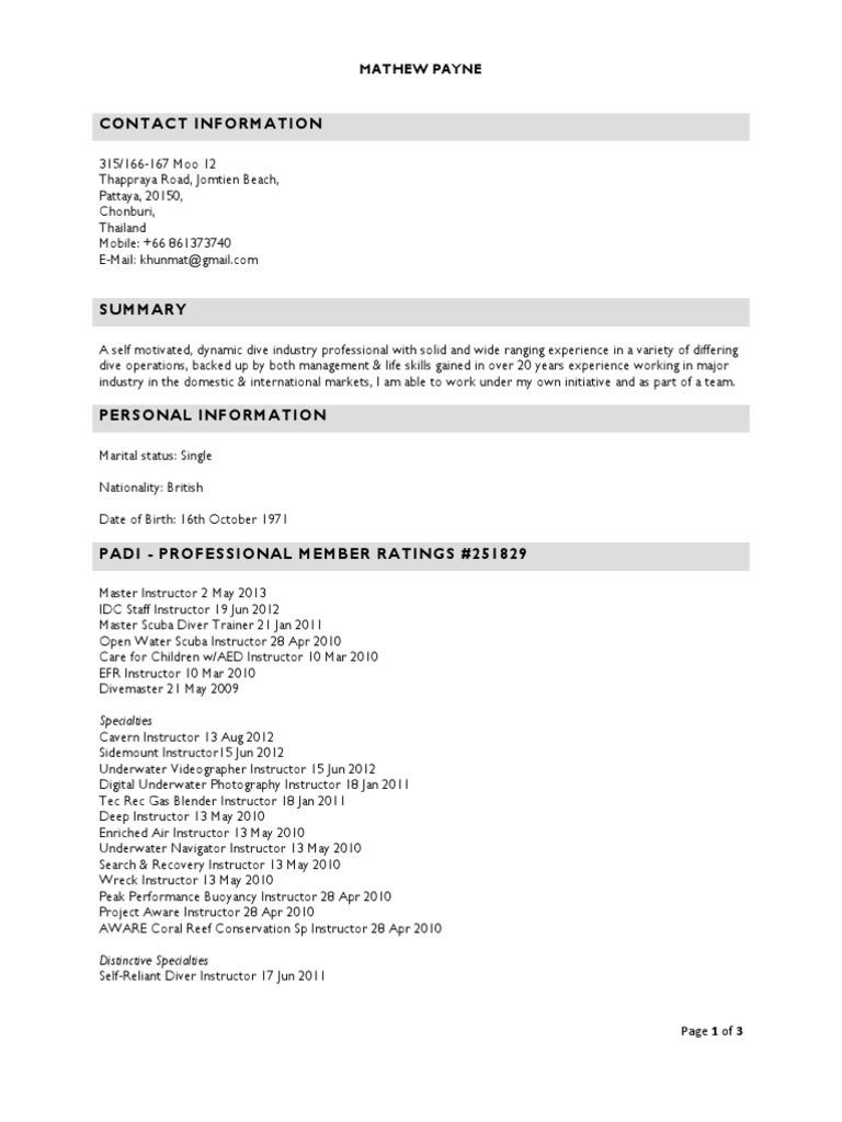 Mat Payne - Scuba Instruction Resume | PDF | Scuba Diving | Underwater ...