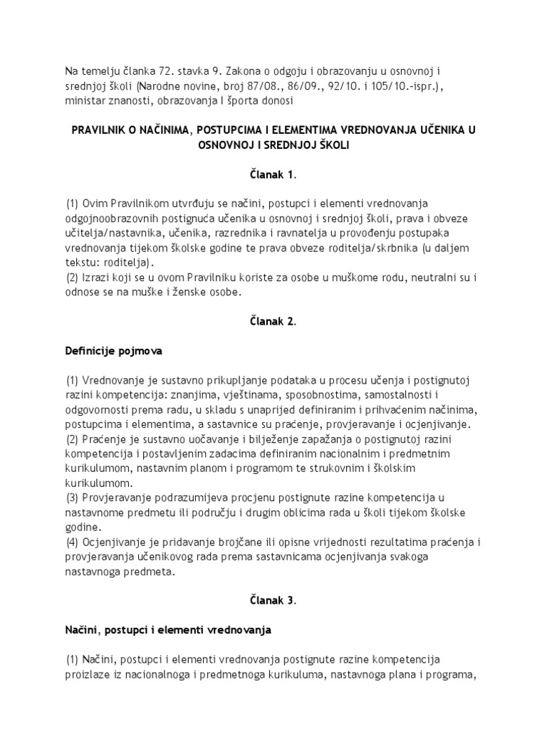 Pravilnik o Nacinima, Postupcima I Elementima Vrednovanja Ucenika U ...