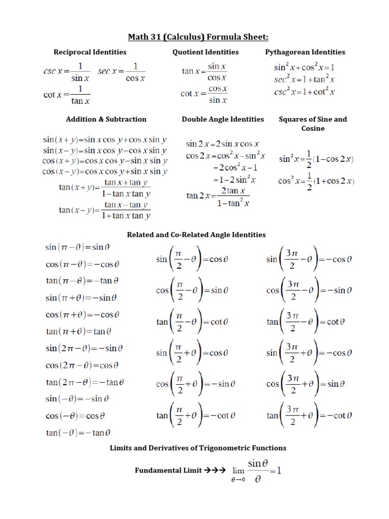 Calculus Formula Test Sheet | Trigonometric Functions | Function ...
