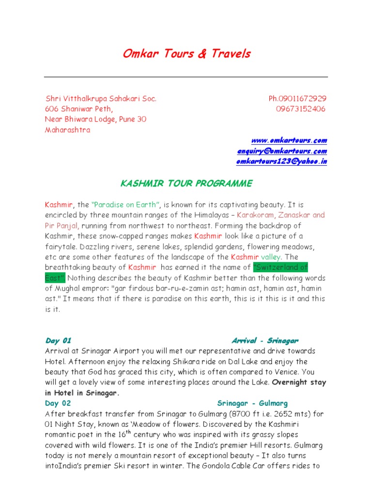 Omkar Tours & Travels: Kashmir Tour Programme | PDF | Hotel And Accommodation