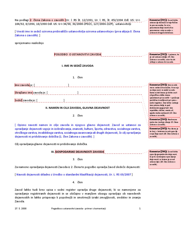 Pogodba o Ustanovitvi Zavoda Primer S Komentarji | PDF