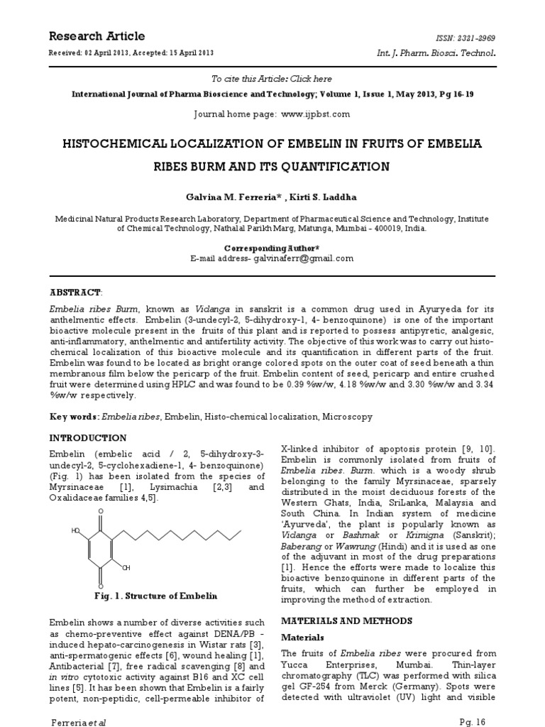 Histochemical Localization of Embelin in Fruits of Embelia Ribes Burm ...