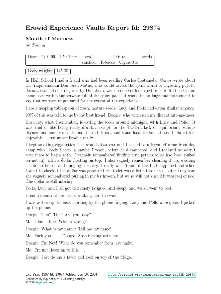 Erowid Experience Vaults Report Id: 29874: Mouth of Madness | PDF