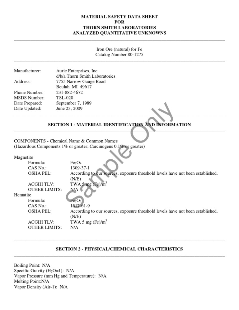 Sample Only: Material Safety Data Sheet FOR Thorn Smith Laboratories ...