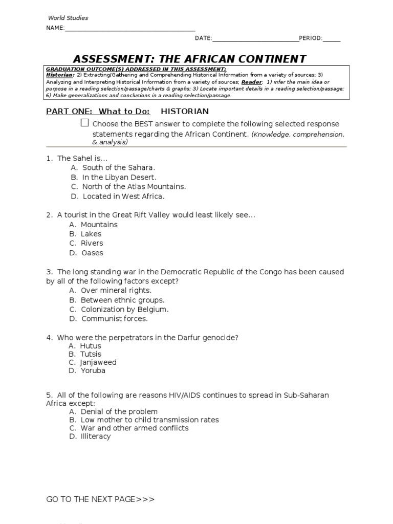 Assessment: The African Continent: Part One: What To Do: Historian ...