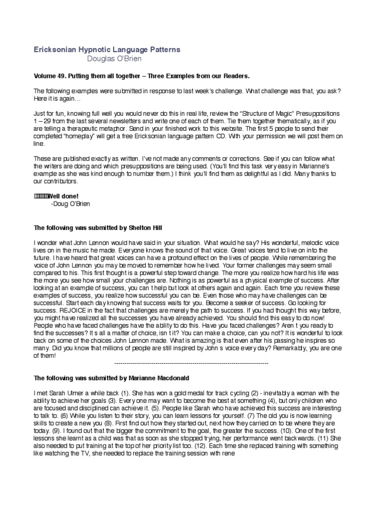 Douglas O'Brien: Ericksonian Hypnotic Language Patterns | PDF