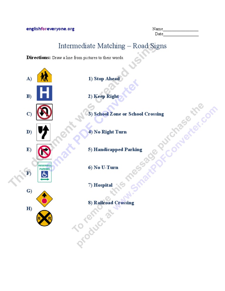 Intermediate Matching - Road Signs: Directions | PDF | Teaching Methods ...