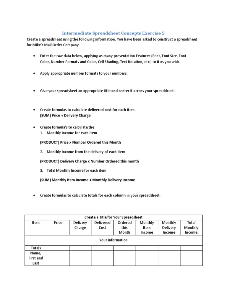 Intermediate Spreadsheet Concepts Exercise 5 | PDF