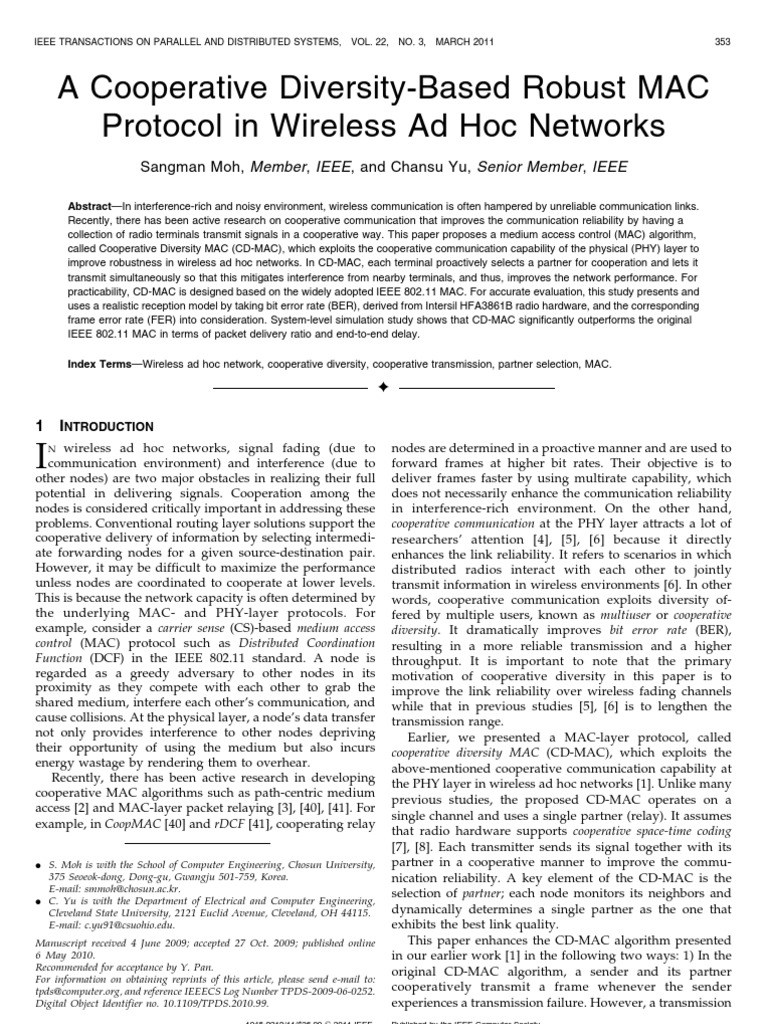 A Cooperative Diversity-Based Robust MAC Protocol in Wireless Ad Hoc Networks | PDF | Routing ...