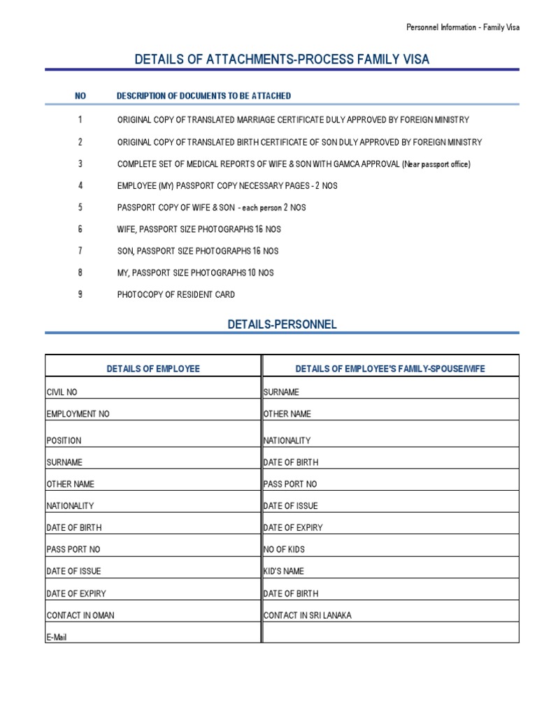 Family Visa Personnel Document Checklist | PDF