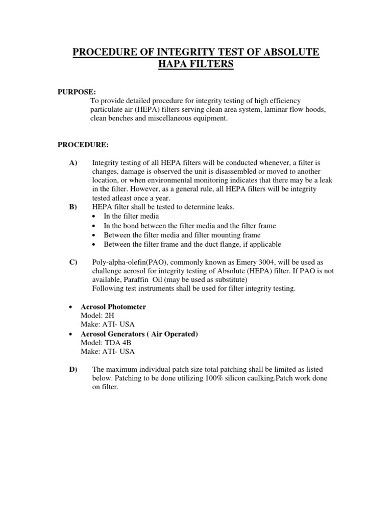 HEPA Filter Integrity Testing Procedure | PDF | Particulates | Chemistry
