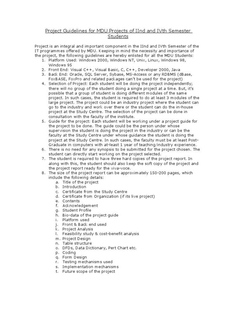 Project Guidelines For Mdu Projects of Iind and Ivth Semester Students ...