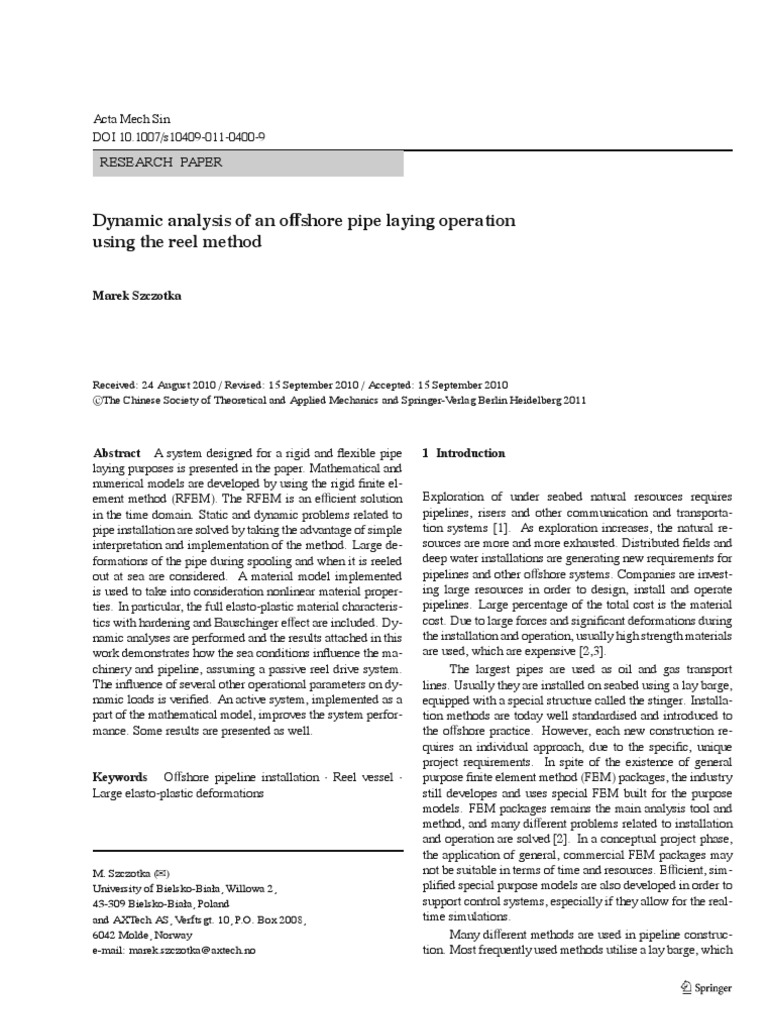Dynamic Analysis of An Offshore Pipe Laying Operation Using The Reel ...