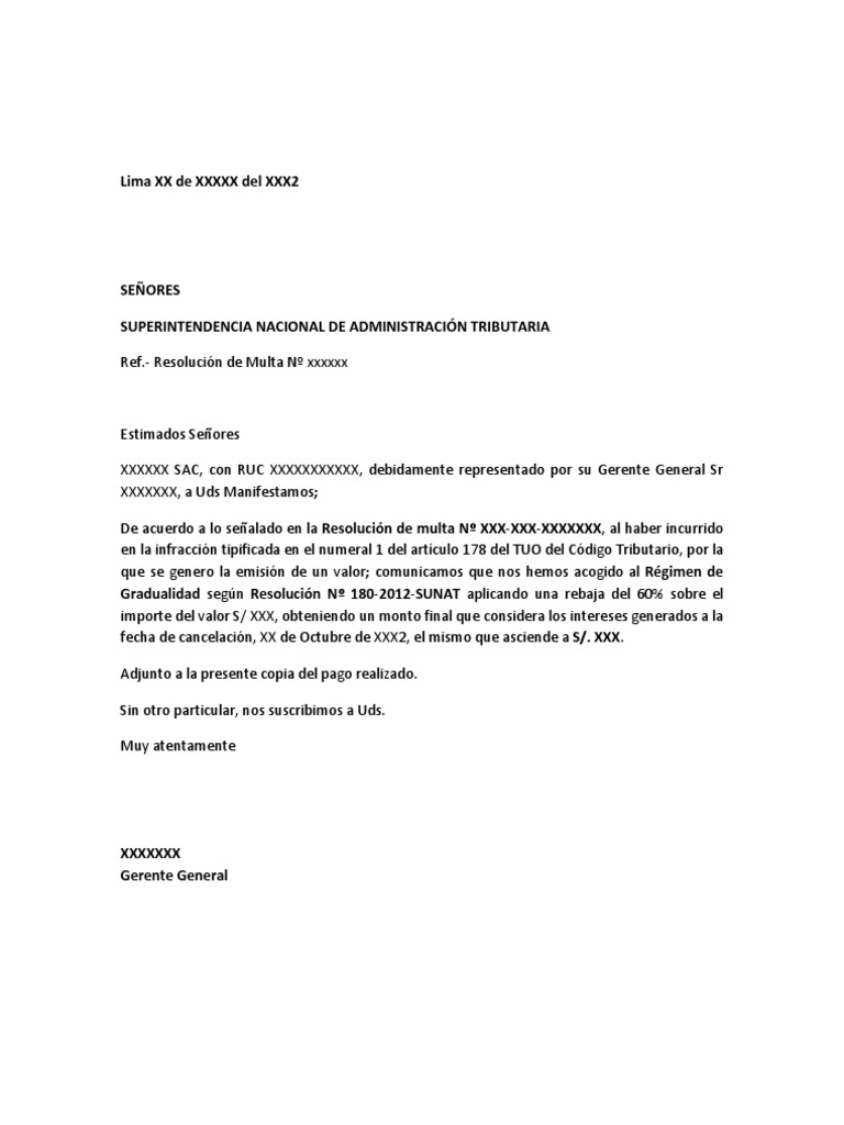 Carta A Sunat - Descuento de Multa Renta | PDF