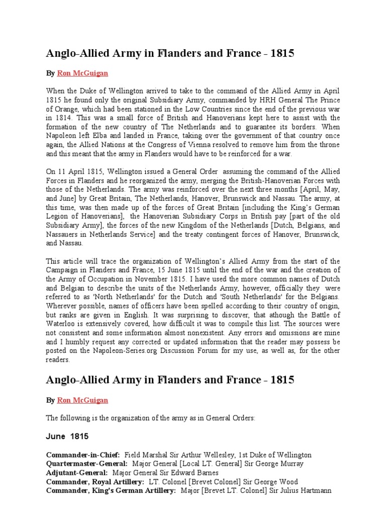 Allies Orbat Army 1815 - 1 | PDF | Battle Of Waterloo | Division (Military)