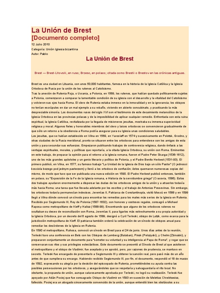 La Unión de Brest | PDF | obispo | Iglesia Católica