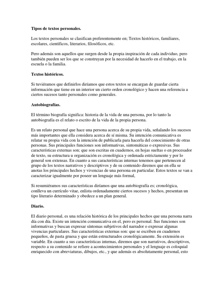 Tipos de Textos Personales | PDF | Memoria | Diario