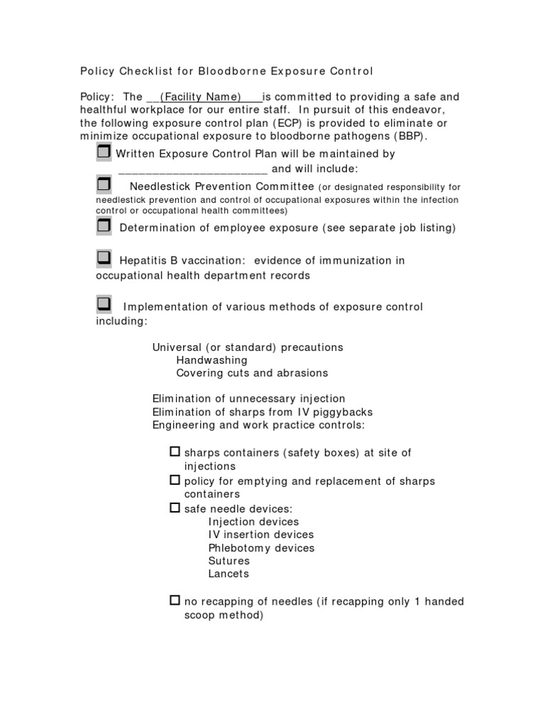 Bloodborne Exposure Control Checklist | PDF